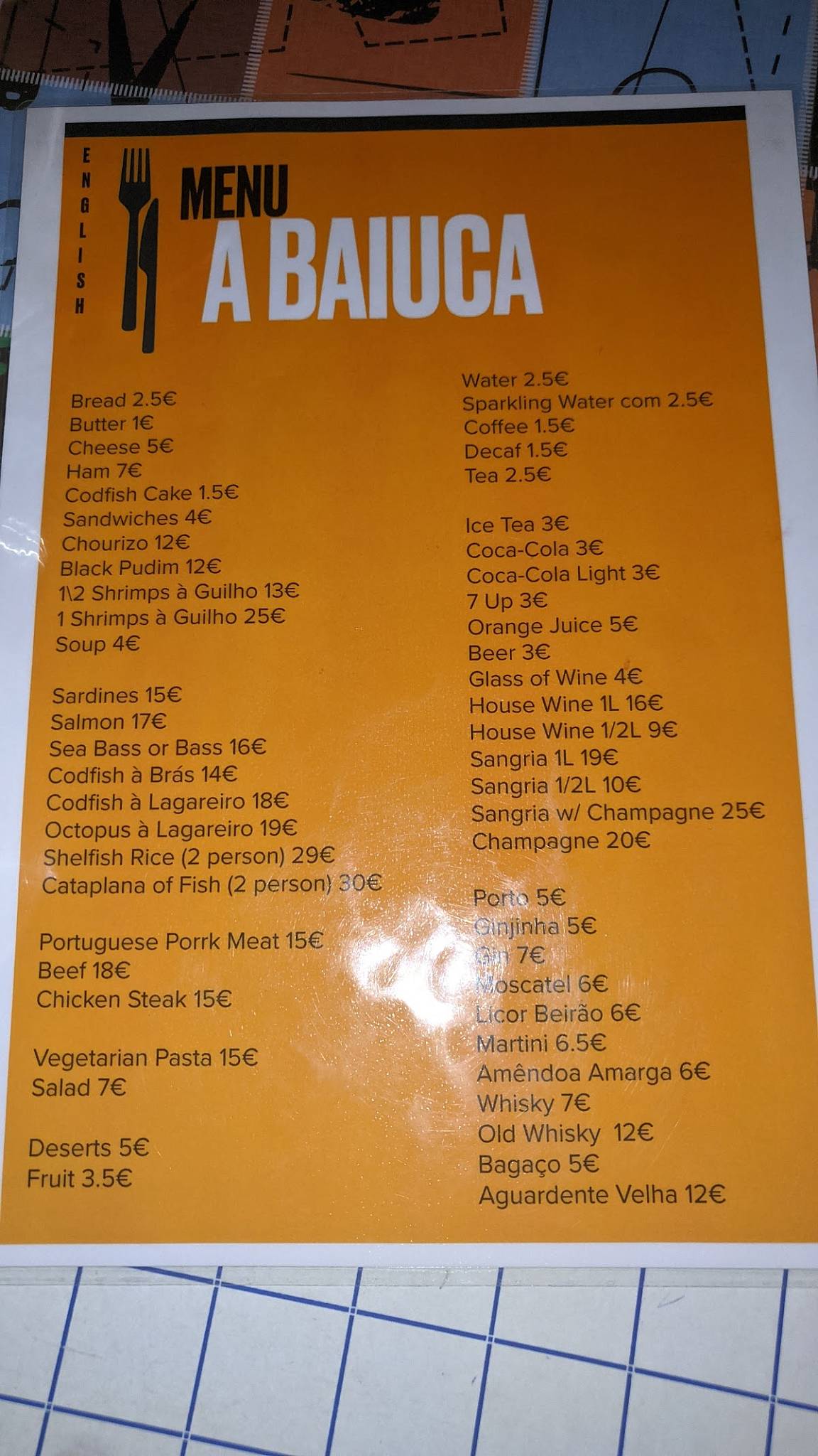 Menu at A Baiuca restaurant, Lisbon, R. de São Miguel nr 20