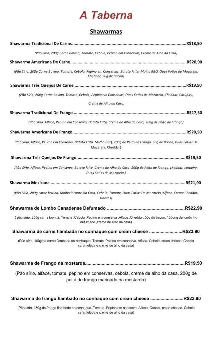 Menu at A Taberna restaurant, Curitiba, Rua Salvador José Correia Coelho