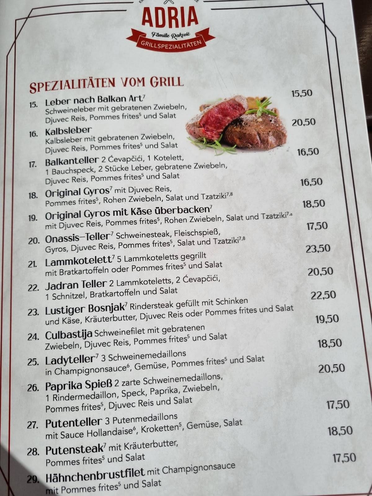Speisekarte von ADRIA Grill BBQ, Braunlage