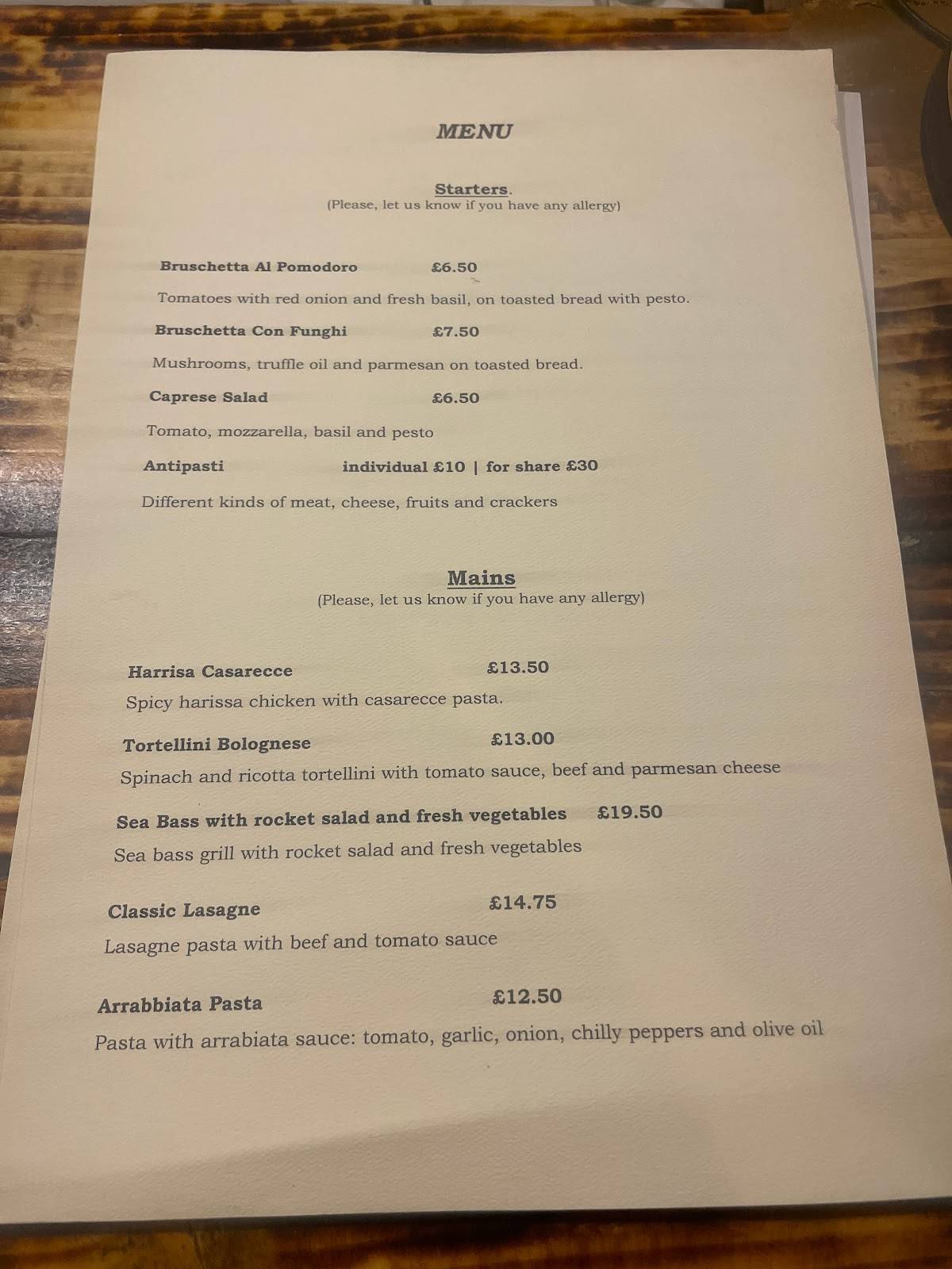 Menu at ADRIA Ristorante Pizzeria, Oxford