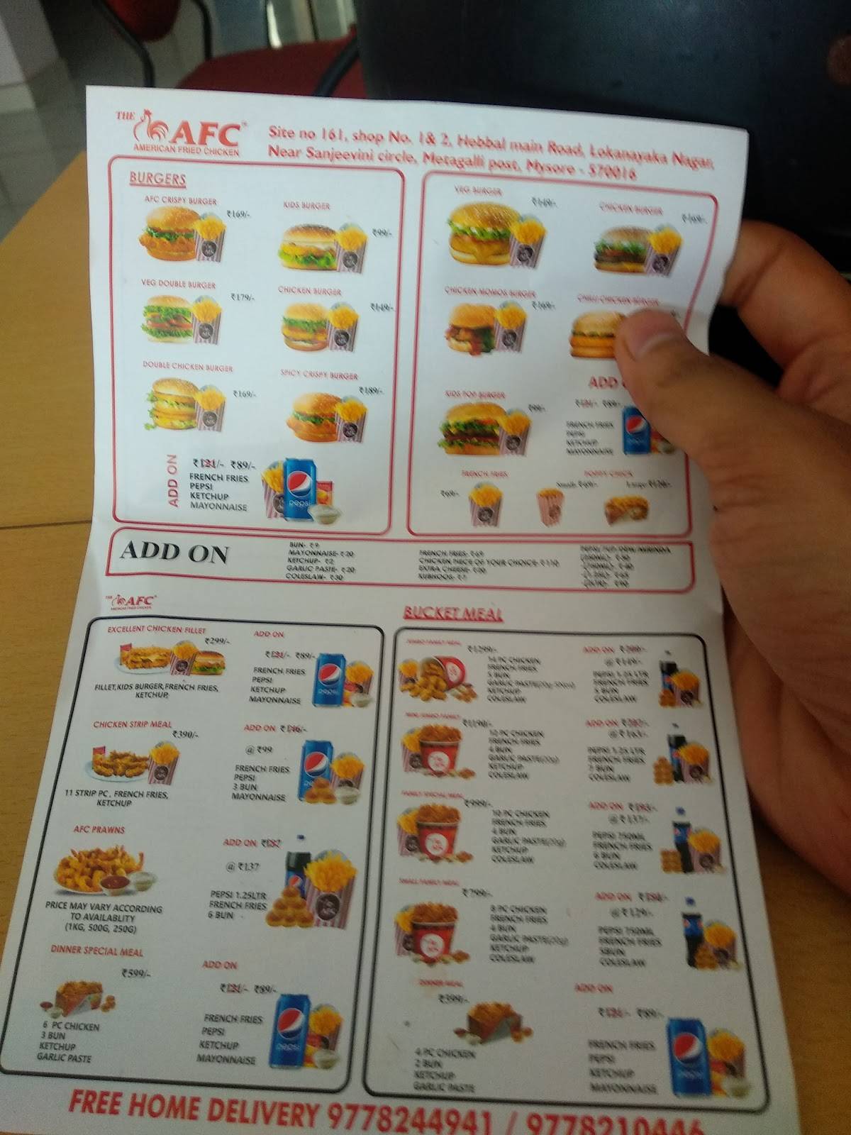 Menu at AFC Mysore (American Fried Chicken Mysuru), Mysuru