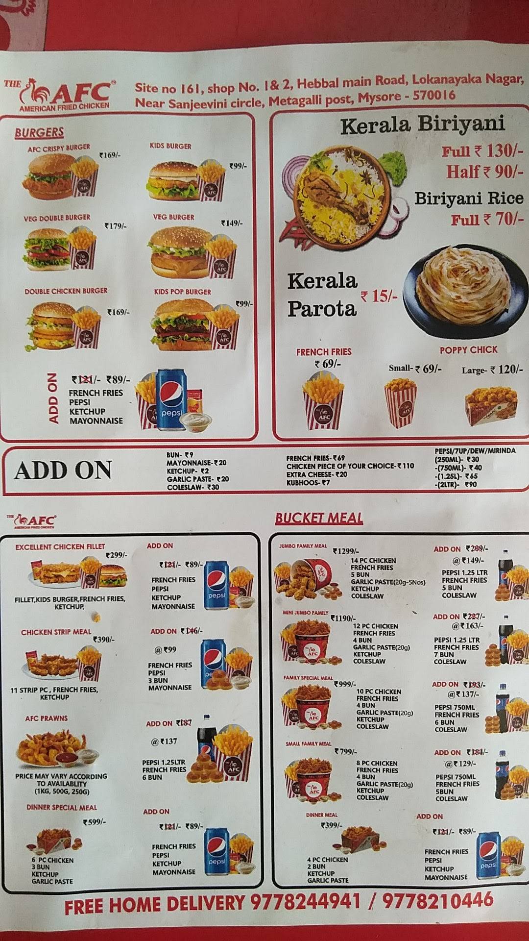 Menu at AFC Mysore (American Fried Chicken Mysuru), Mysuru