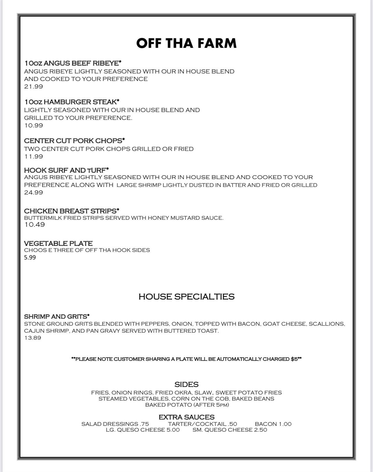 Menu at Off Tha Hook Seafood and Grill restaurant, Abbeville