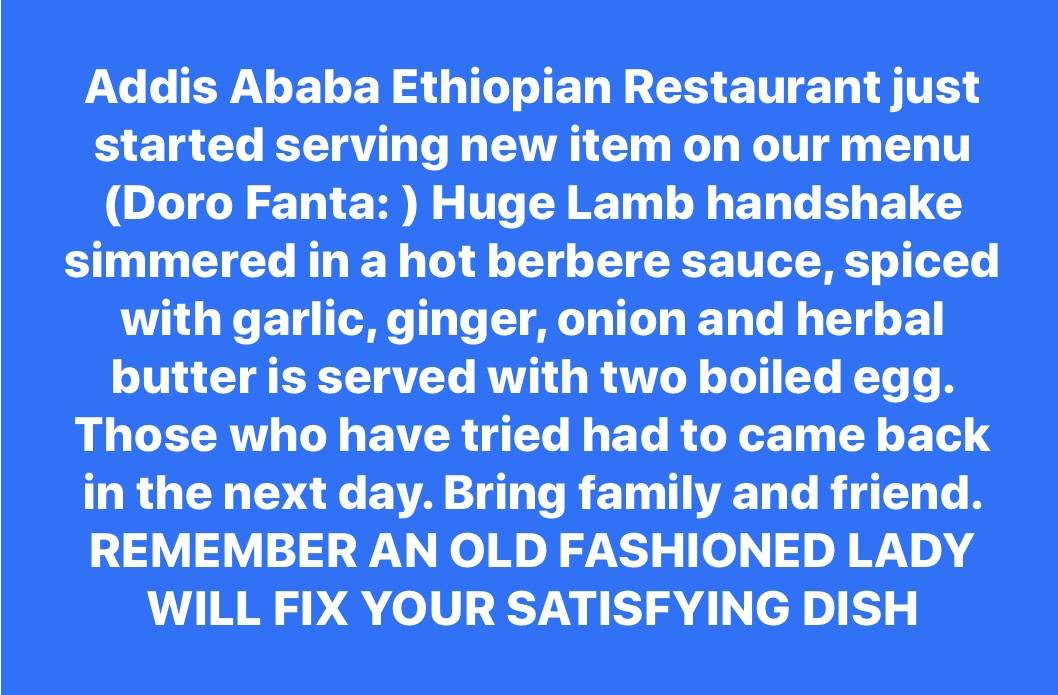 Menu at Addis Ababa Ethiopian Restaurant, Aurora