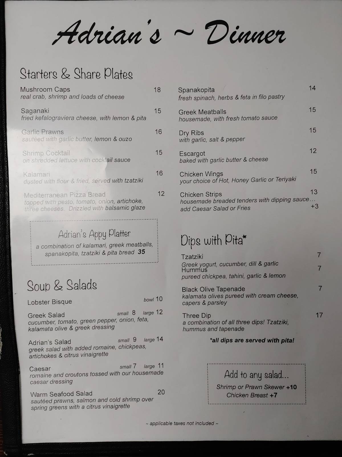 Menu at Adrian's At The Airport restaurant, Langley Township