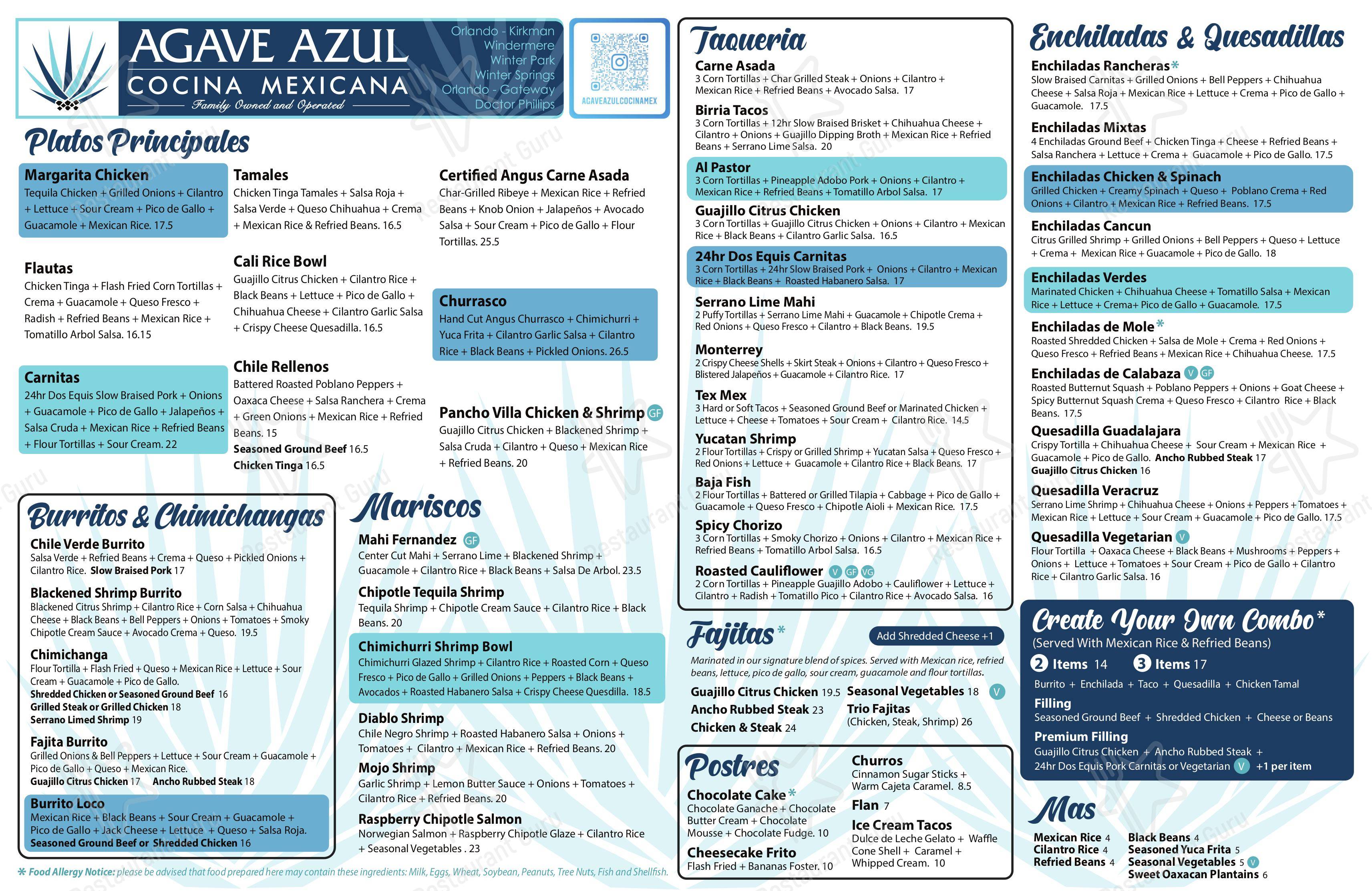 Menu at Agave Azul Kirkman restaurant, Orlando