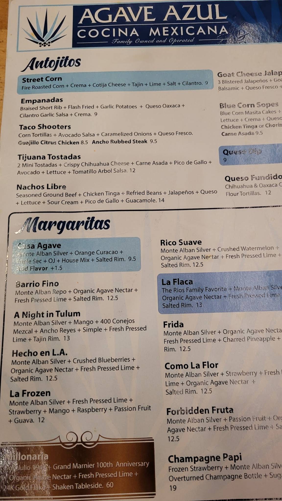 Menu at Agave Azul Kirkman restaurant, Orlando