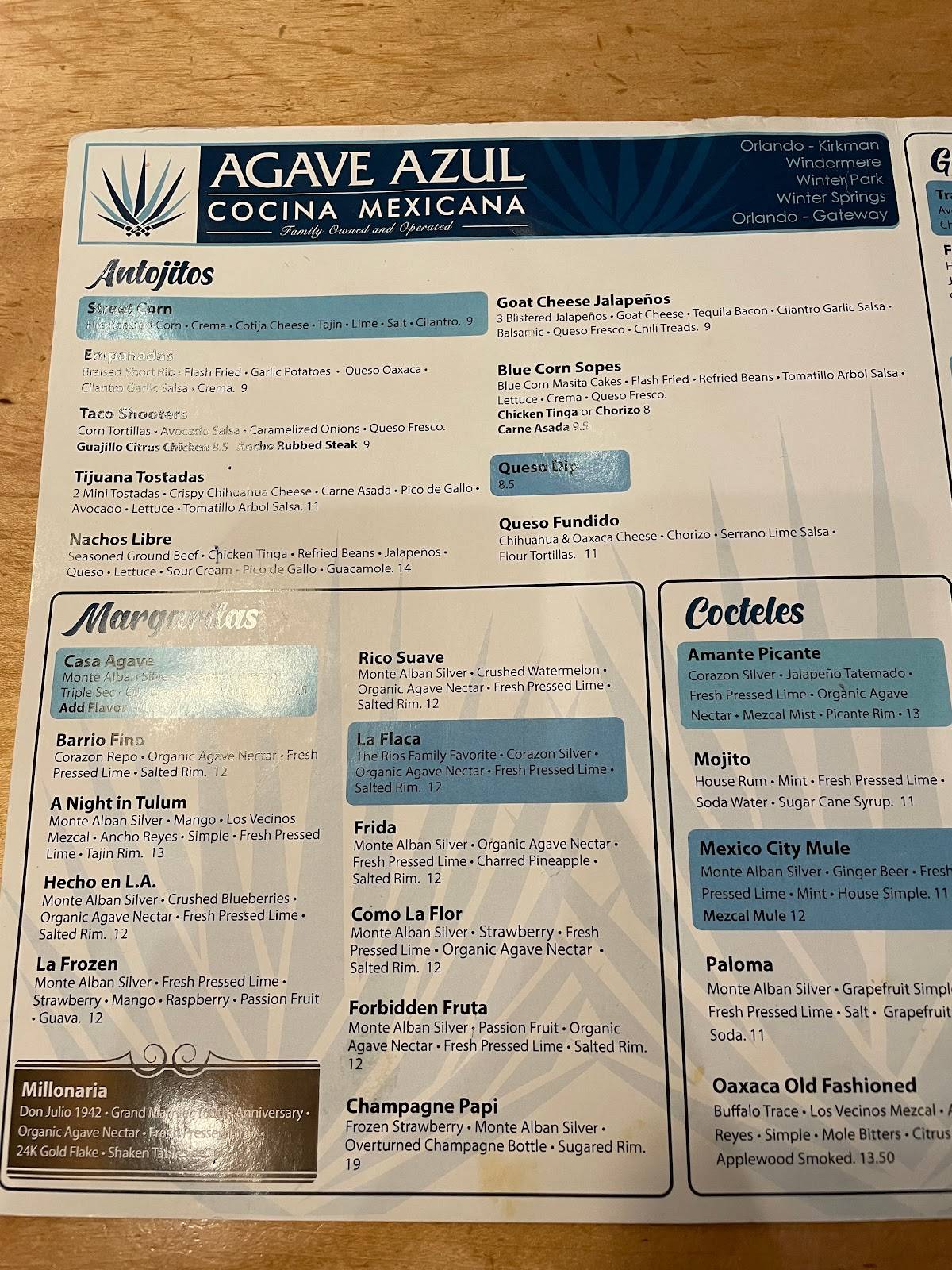 Menu at Agave Azul Kirkman restaurant, Orlando