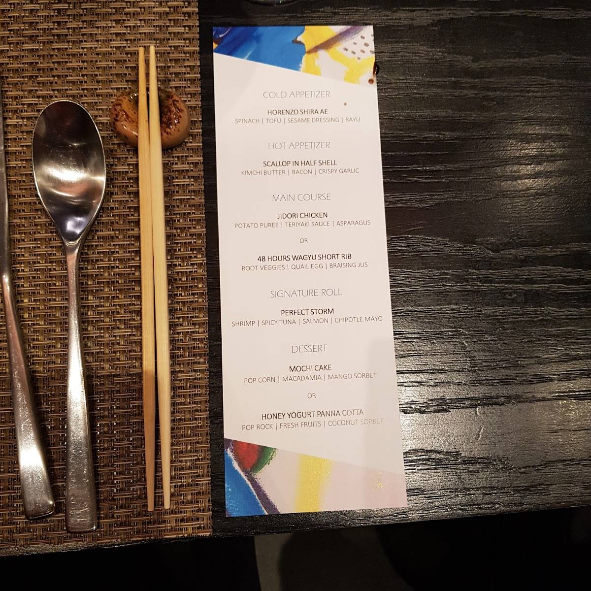 Menu at Akira Back restaurant, Bangkok
