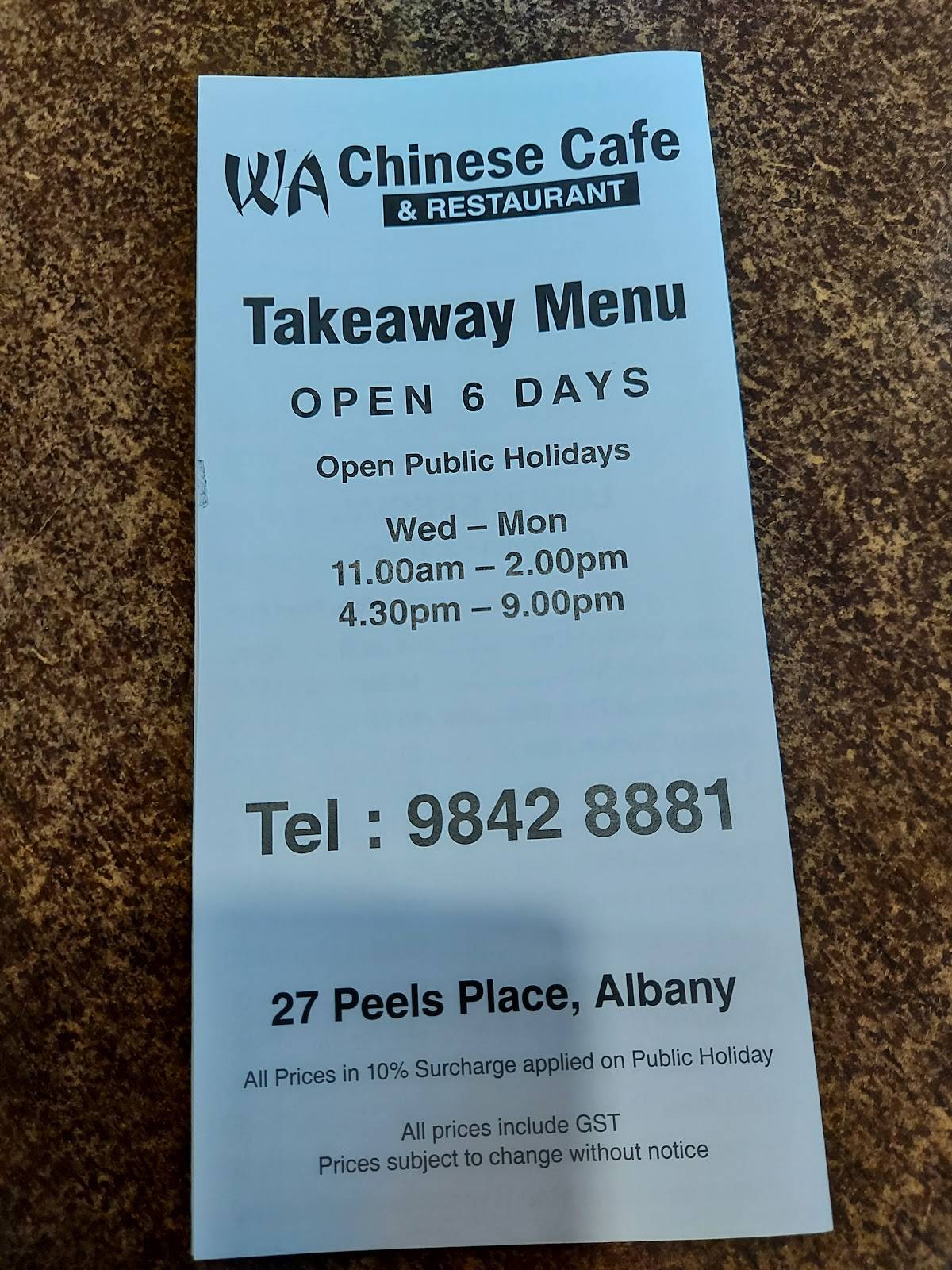 Menu at WA Chinese Café & Restaurant, Albany