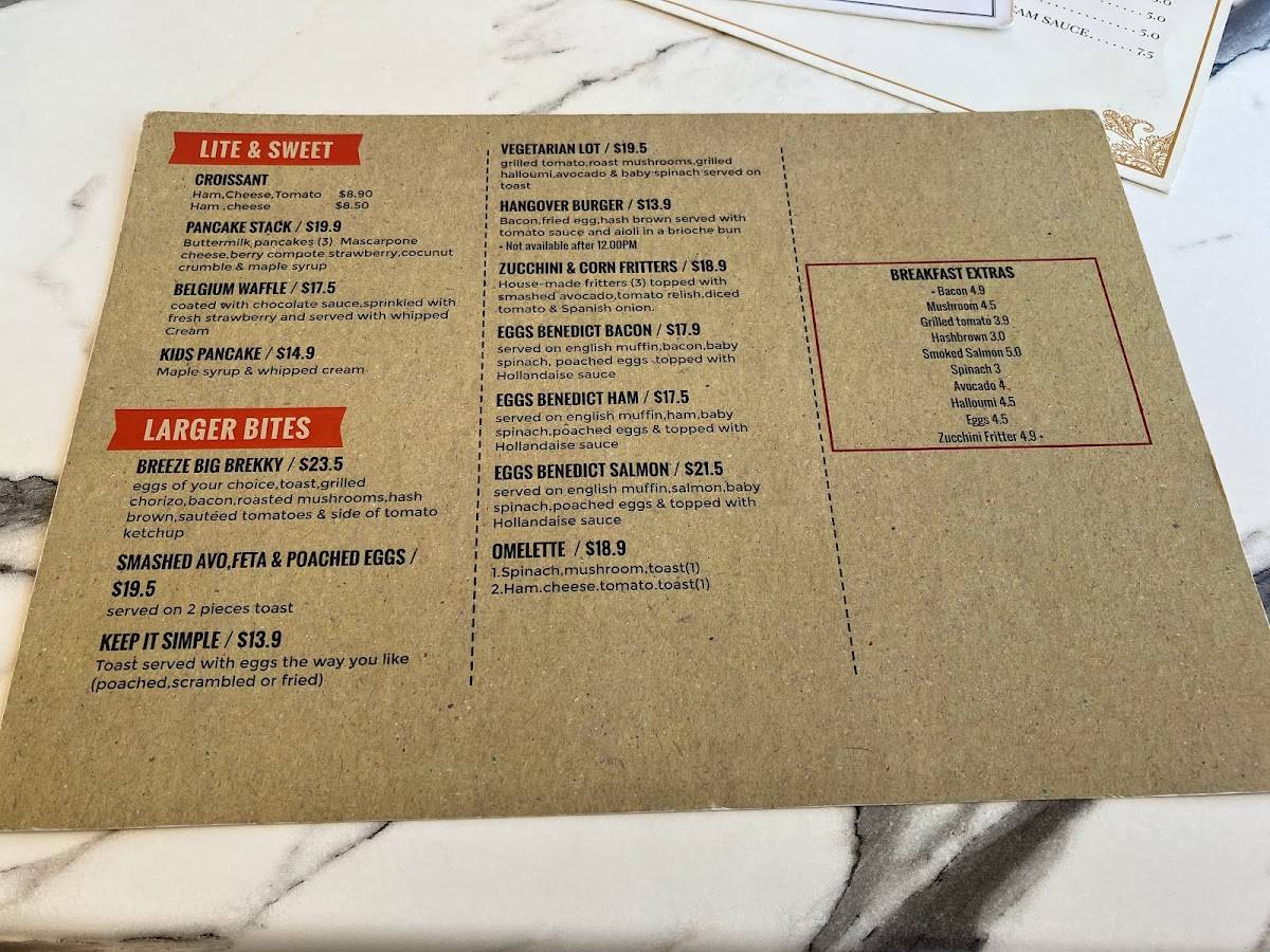 Menu at Breeze Cafe & Bar, Aldinga Beach