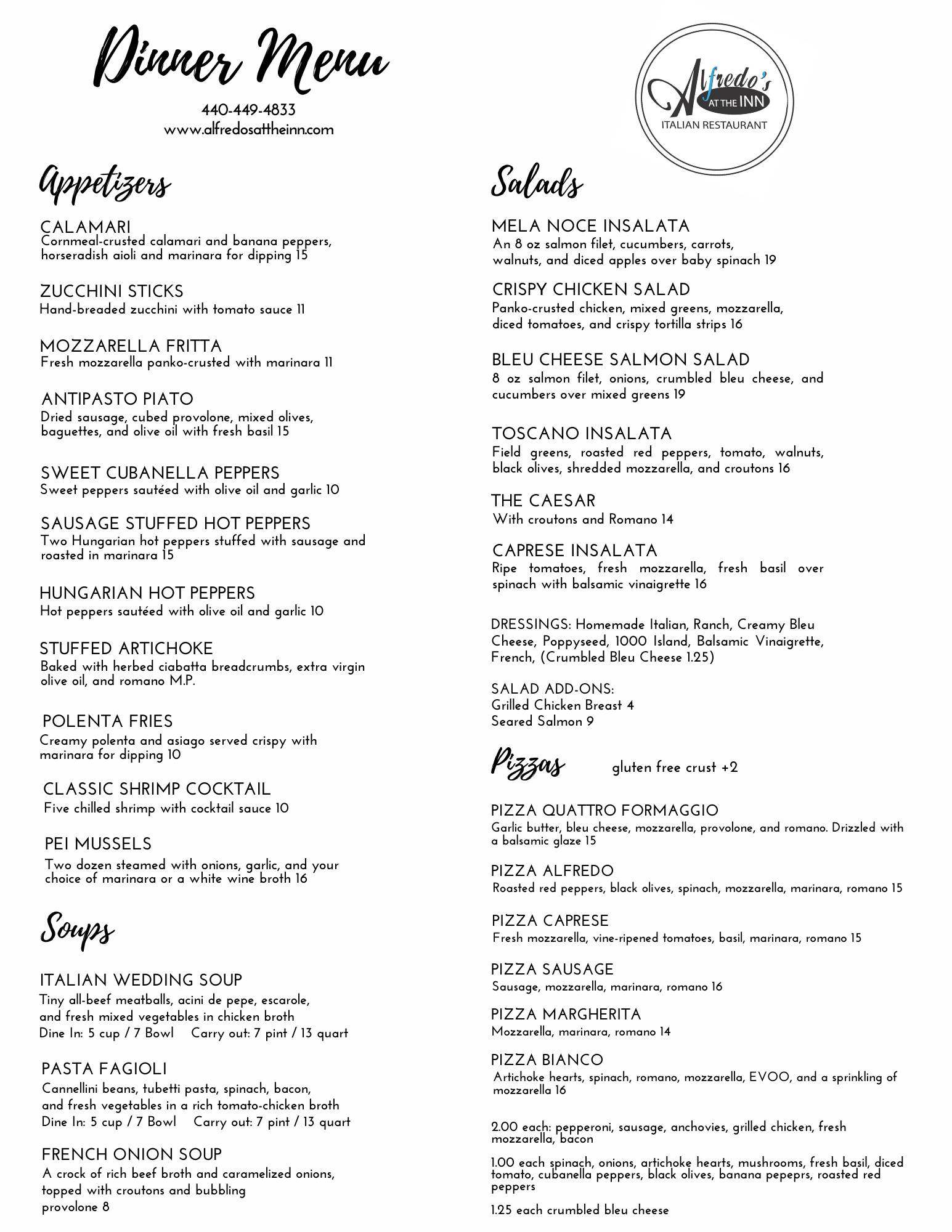 Menu at Alfredo's At the Inn Italian Restaurant, Mayfield