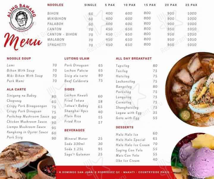 Menu at Aling Banang Restaurant, San Juan, 1111 Quezon City