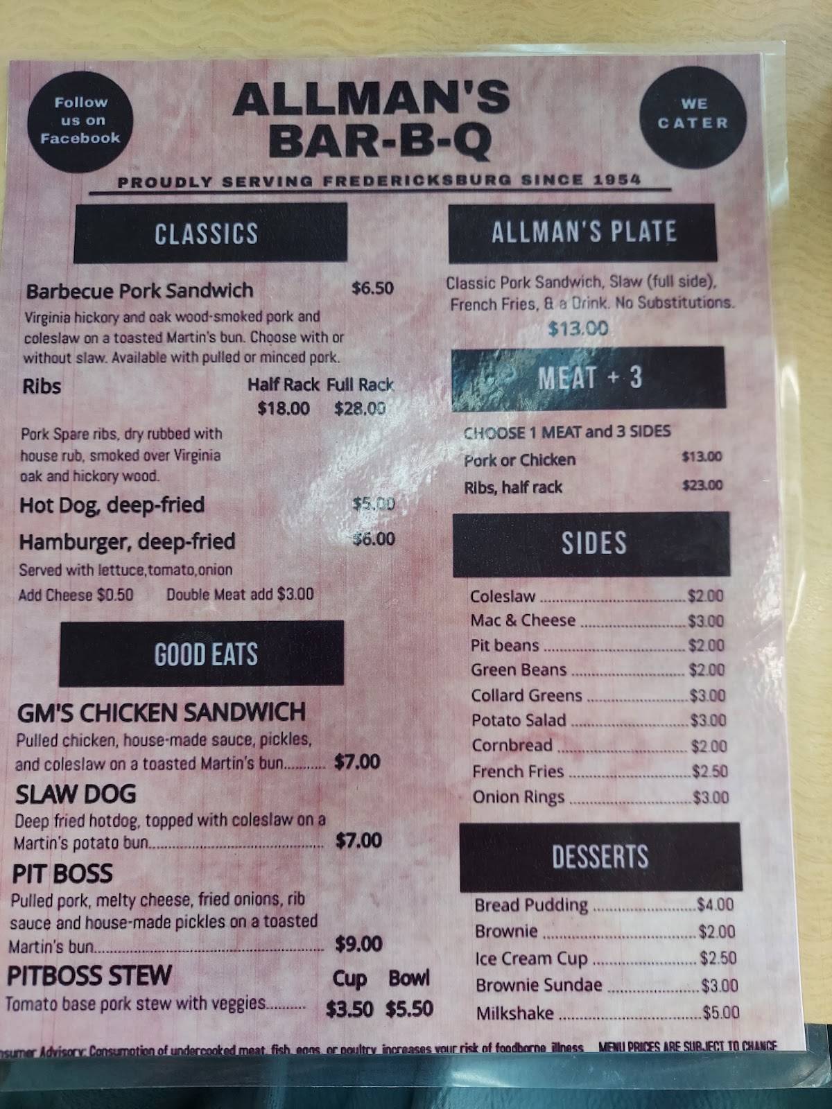 Menu at Allman's Bar-B-Que, Fredericksburg, Emancipation Hwy