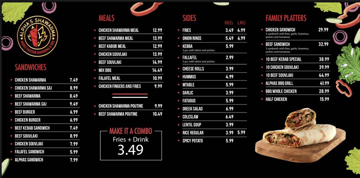 Menu at Alpha’s Shawarma restaurant, Toronto
