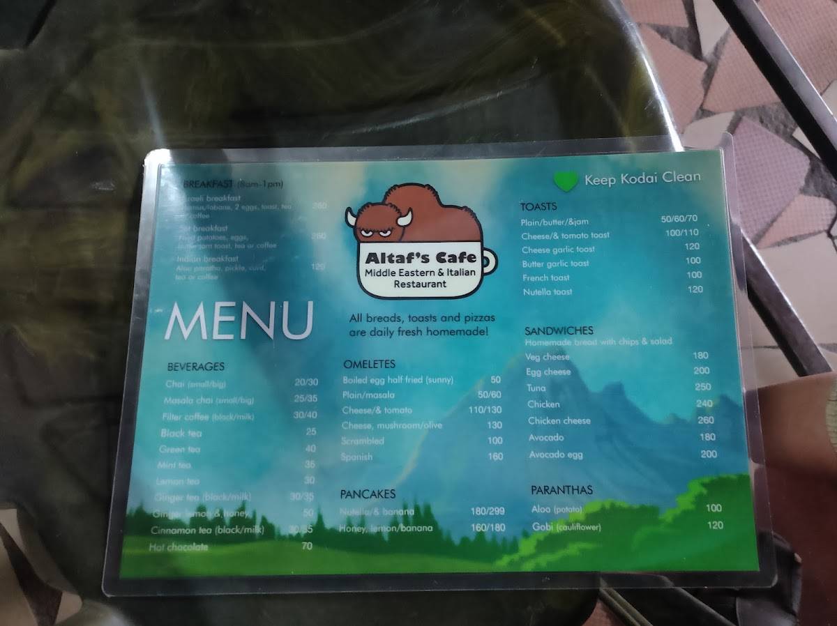 Menu at Altaf's Cafe, Kodaikanal