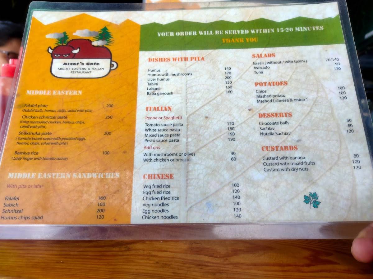 Menu at Altaf's Cafe, Kodaikanal