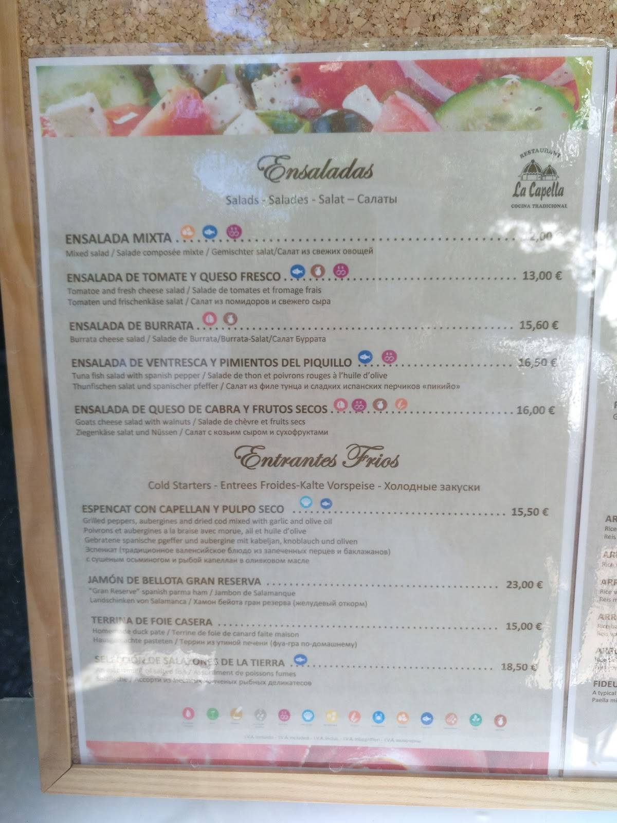 Carta del restaurante La Capella, Altea