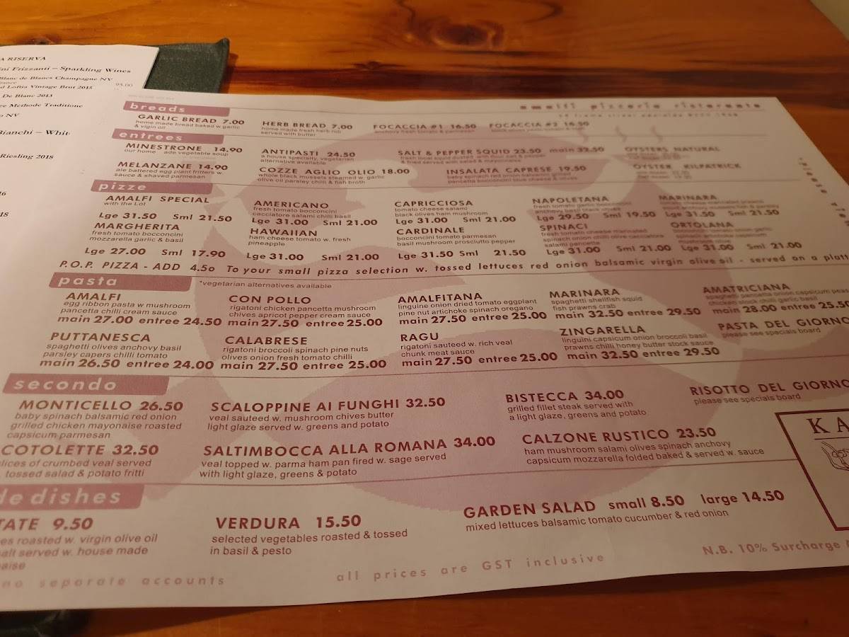 Menu at Amalfi Pizzeria Ristorante, Adelaide