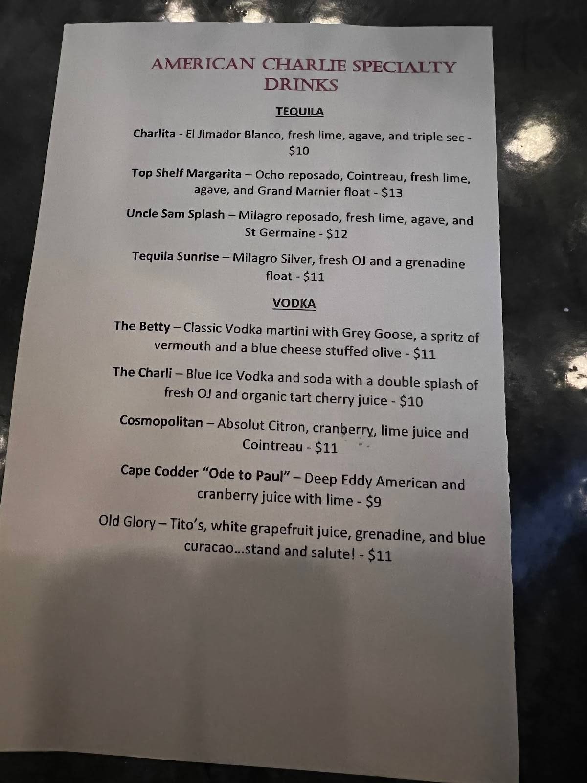 Menu at American Charlie Grill & Tavern restaurant, Panama City Beach