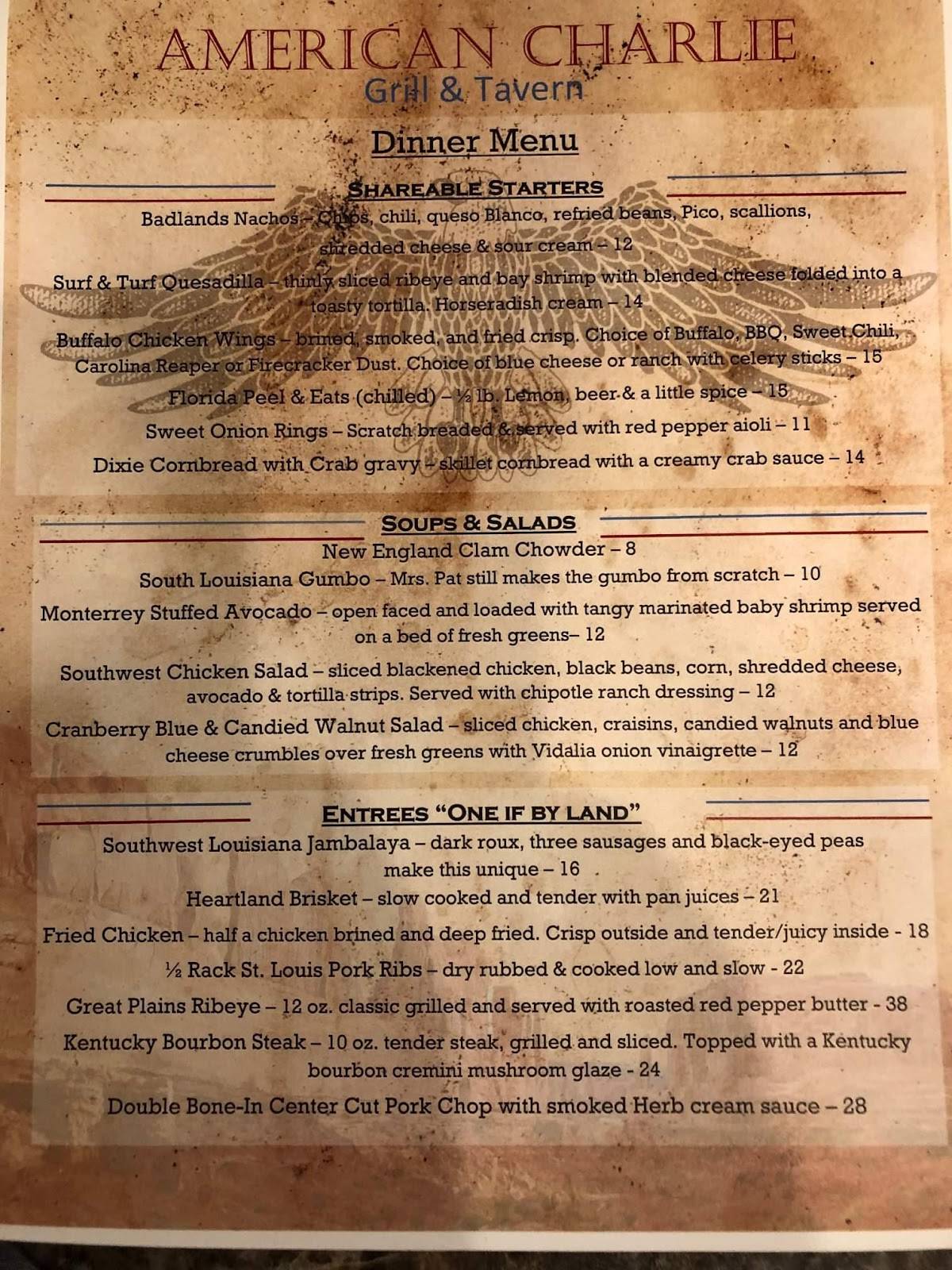 Menu at American Charlie Grill & Tavern restaurant, Panama City Beach
