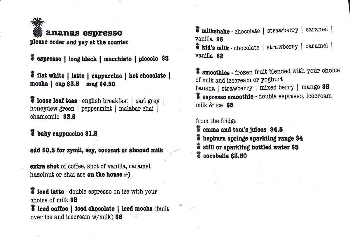 Menu at Ananas Espresso restaurant, Sherwood
