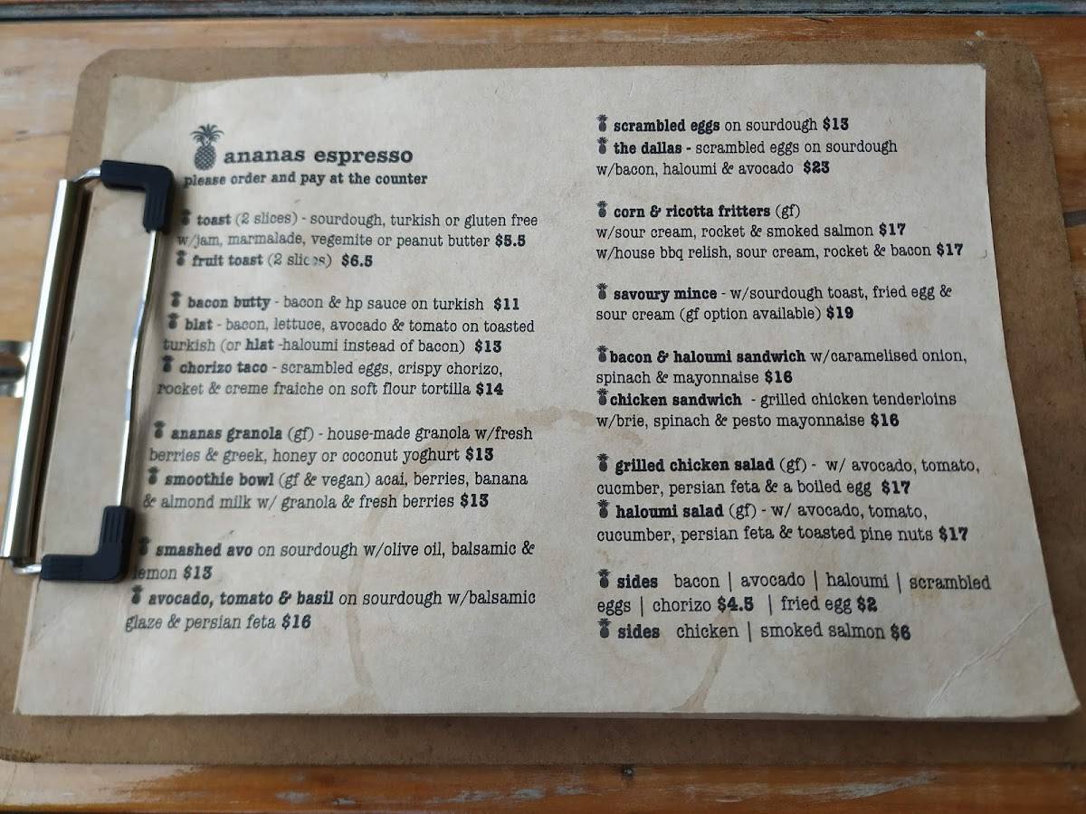 Menu at Ananas Espresso restaurant, Sherwood