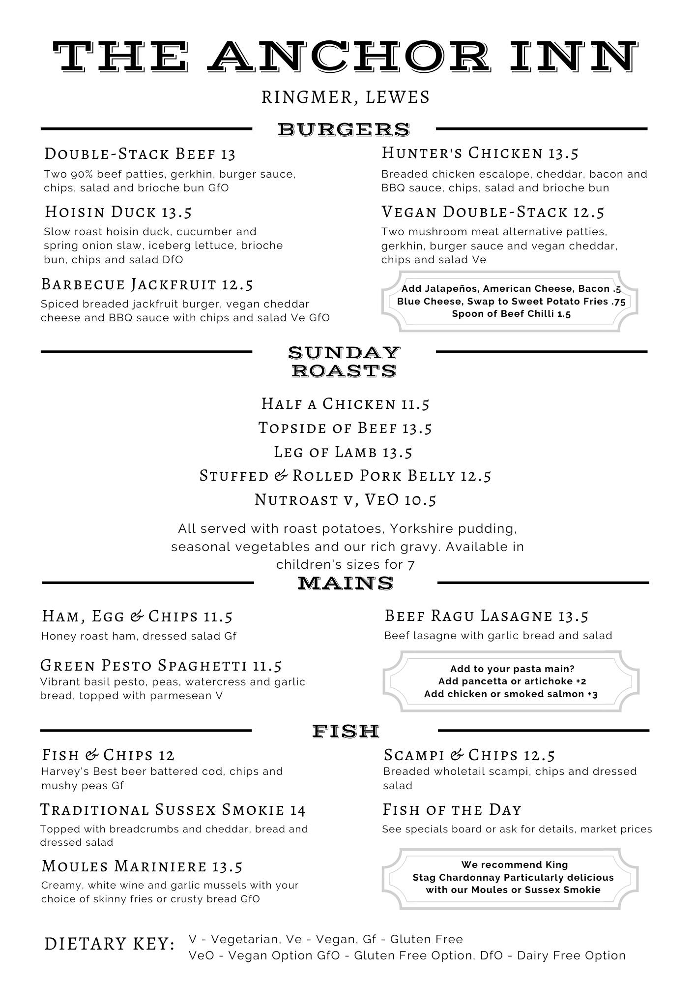 Menu at Anchor Inn pub & bar, Lewes, Lewes Rd