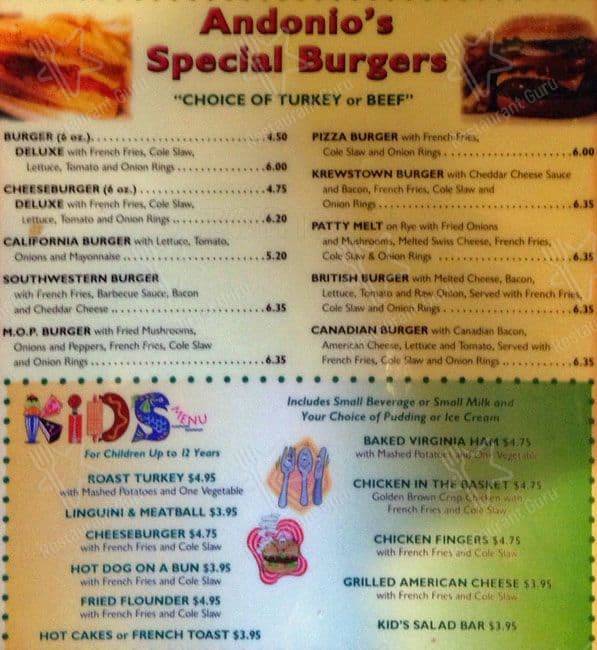 Menu at Andonios Diner restaurant, Philadelphia