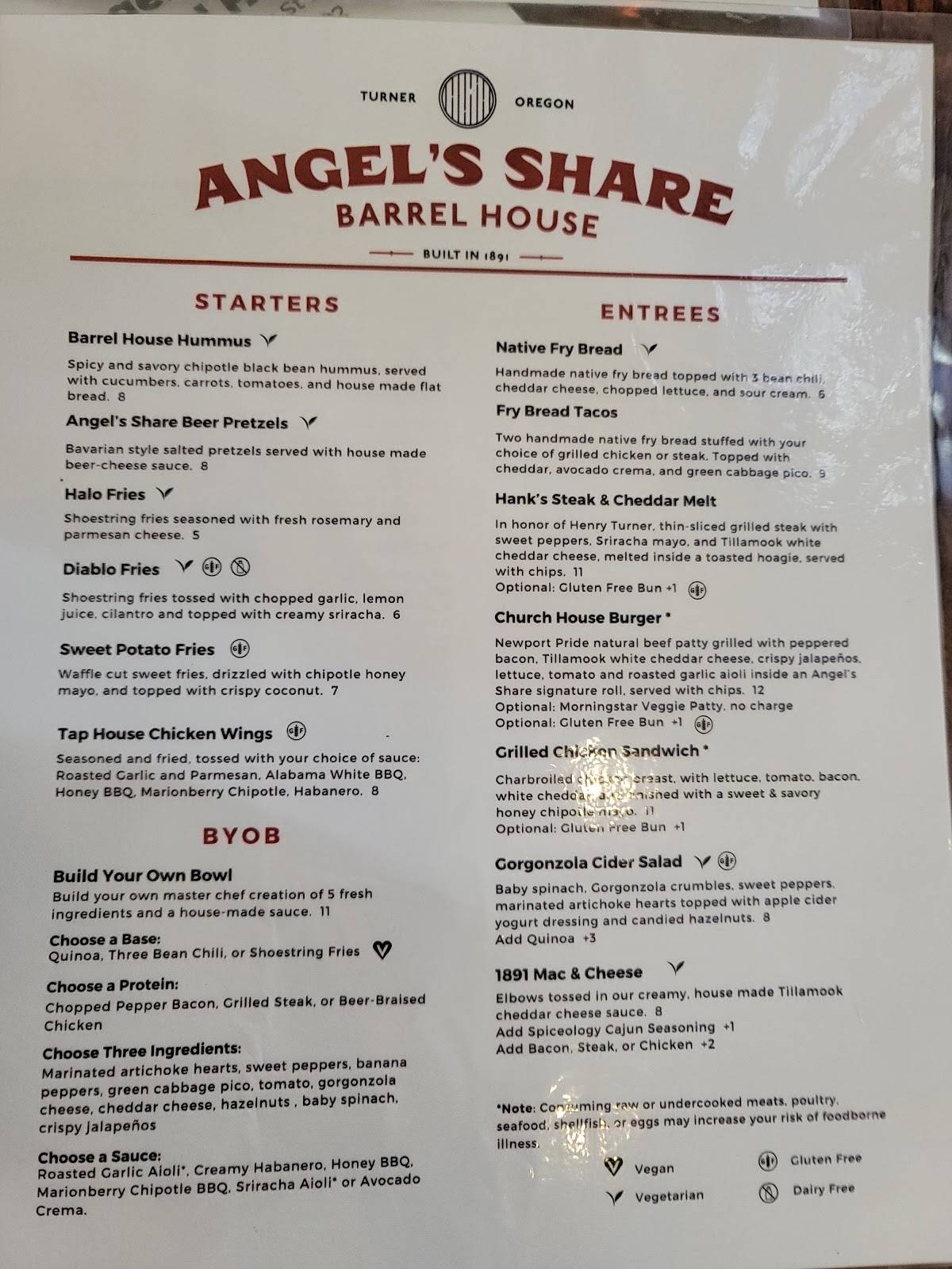 Menu at Angel's Share Barrel House, Turner