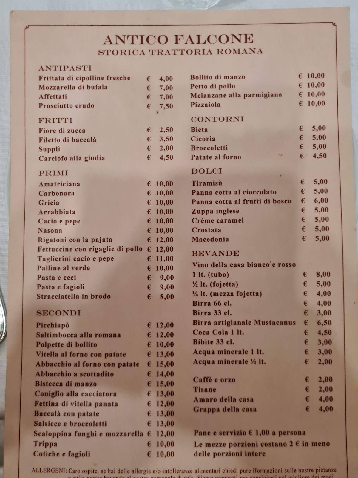 Menu da Trattoria Antico Falcone ristorante, Roma, Via Trionfale