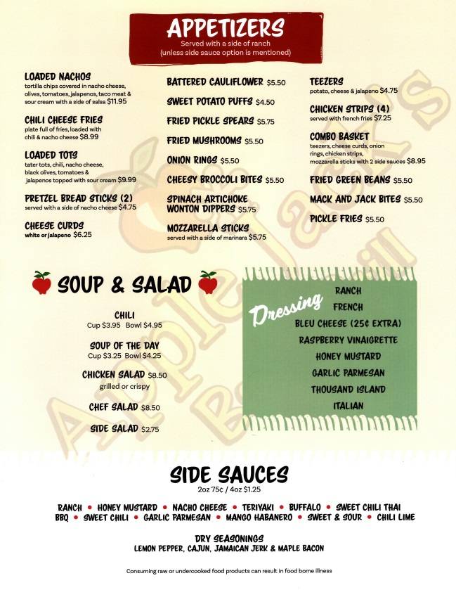 Menu at Applejack's Restaurant & Pub, Marinette