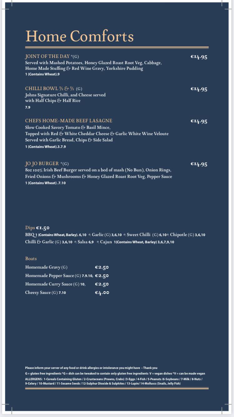Menu at Arcadia Cafe and Late Bar, Dublin