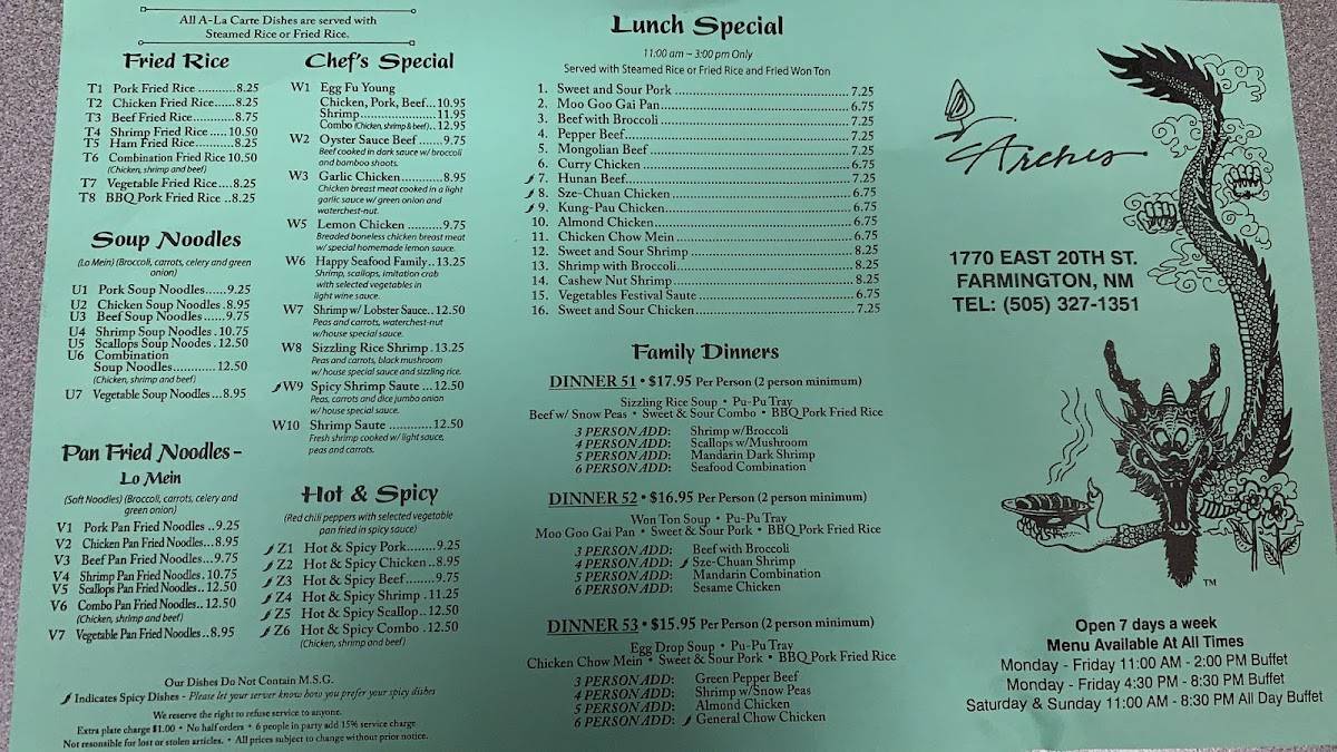 Menu at Arches Restaurant, Farmington