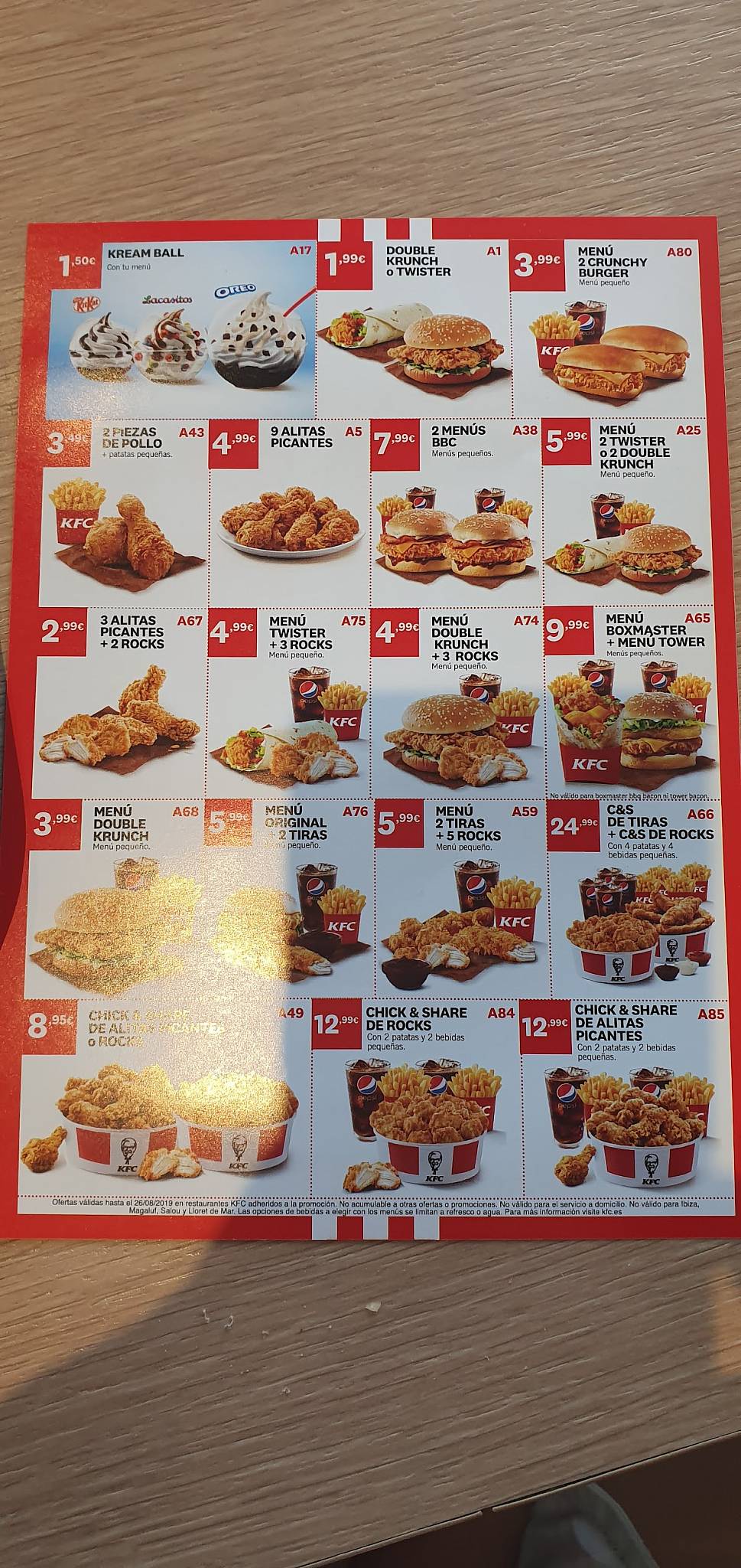 Carta de Restaurante KFC, Armilla, Av. de las Palmeras