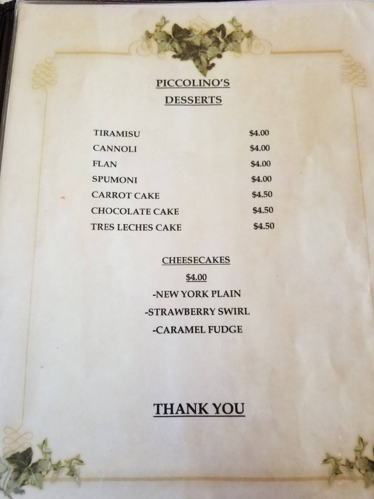 Menu at Piccolino restaurant, Artesia