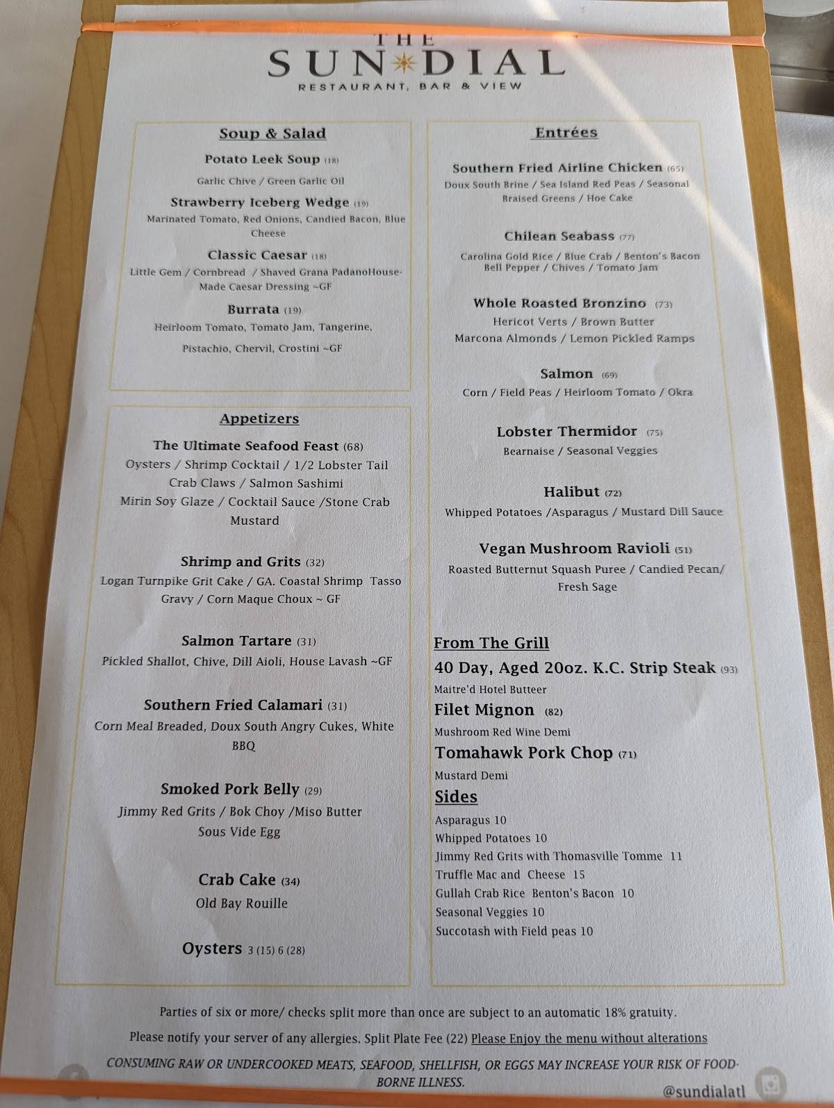 Menu at The Sun Dial Restaurant, Bar & View, Atlanta