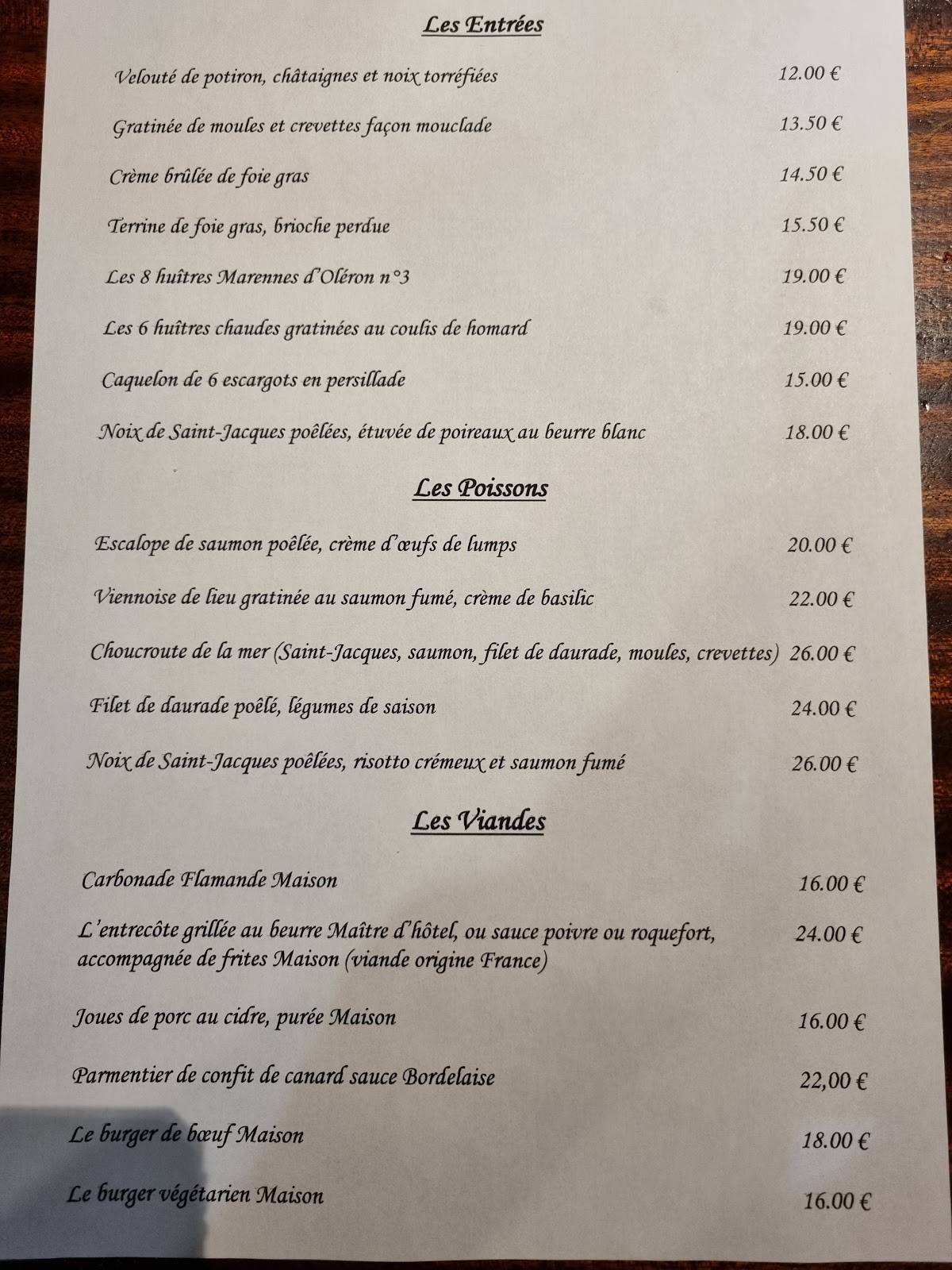 Menu au Restaurant Au Vieux Fourneau Calais, Calais