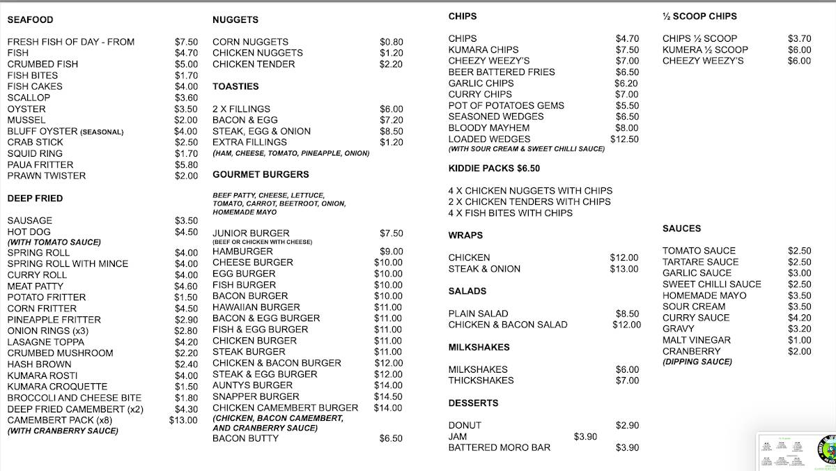 Menu at Aunty Jo Jo's Takeaways Feilding restaurant, Feilding
