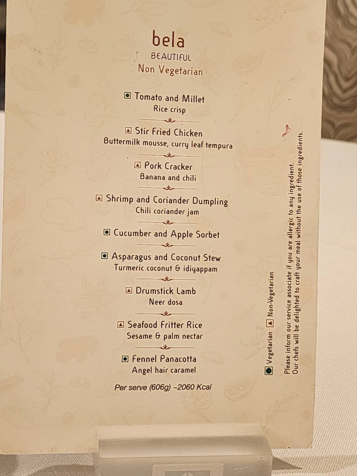 Menu at Avartana, Chennai
