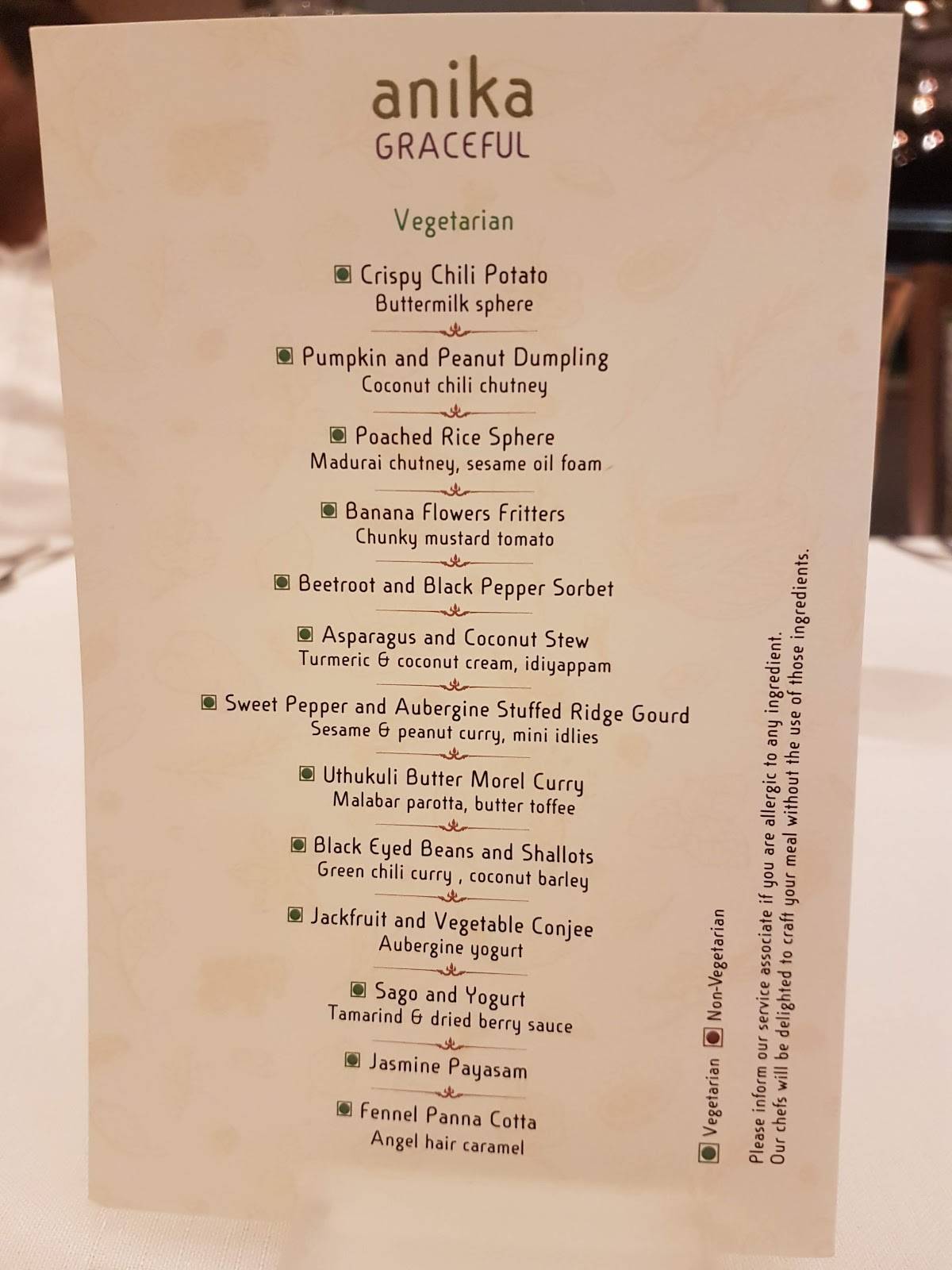 Menu at Avartana, Chennai