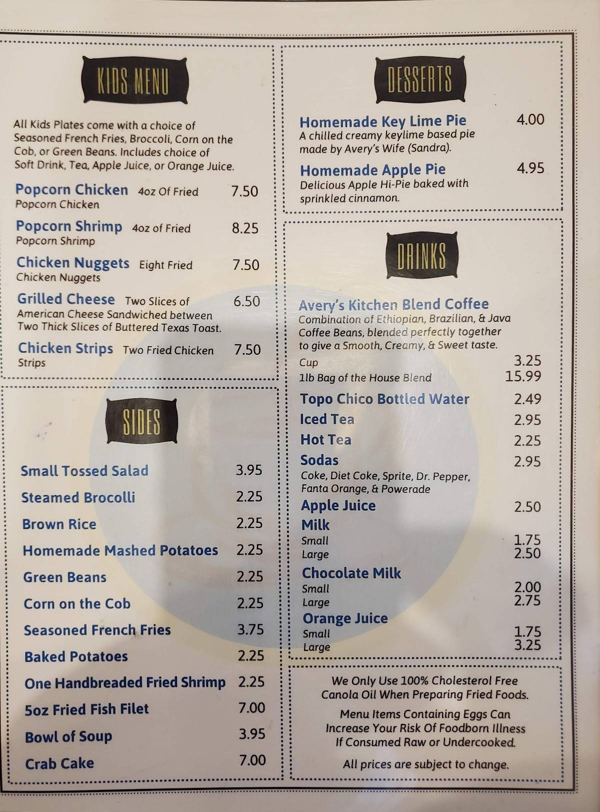 Menu at Avery's Kitchen restaurant, New Braunfels