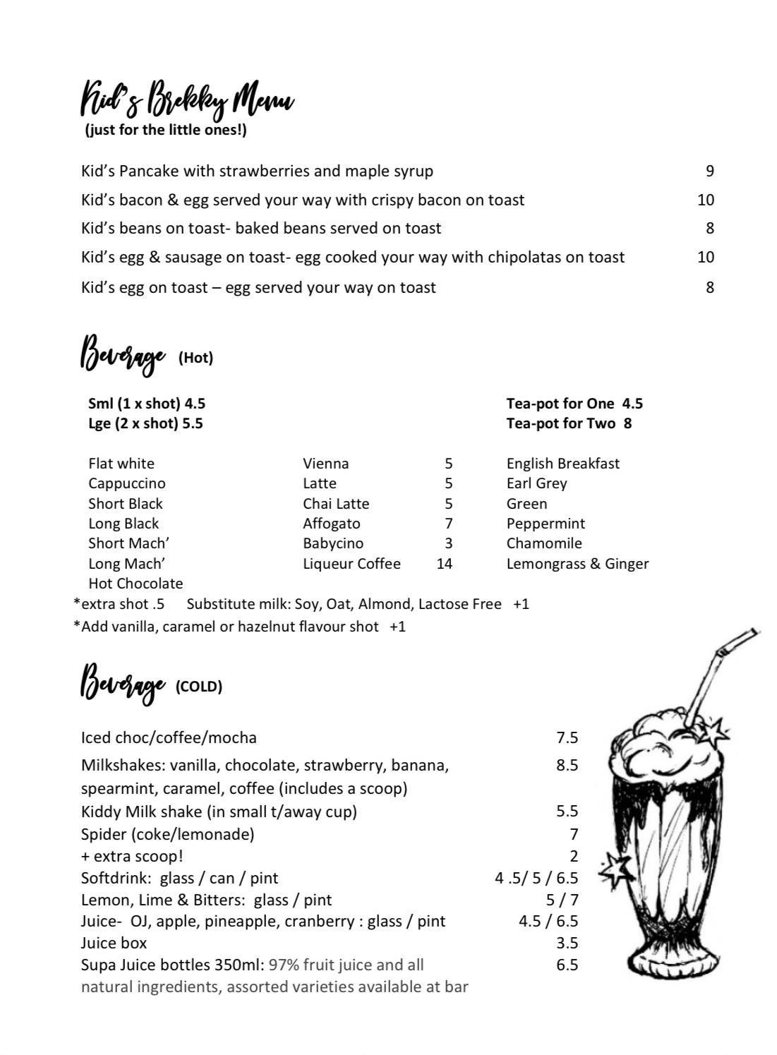 Menu at Avocados Bar & Café, Kelmscott