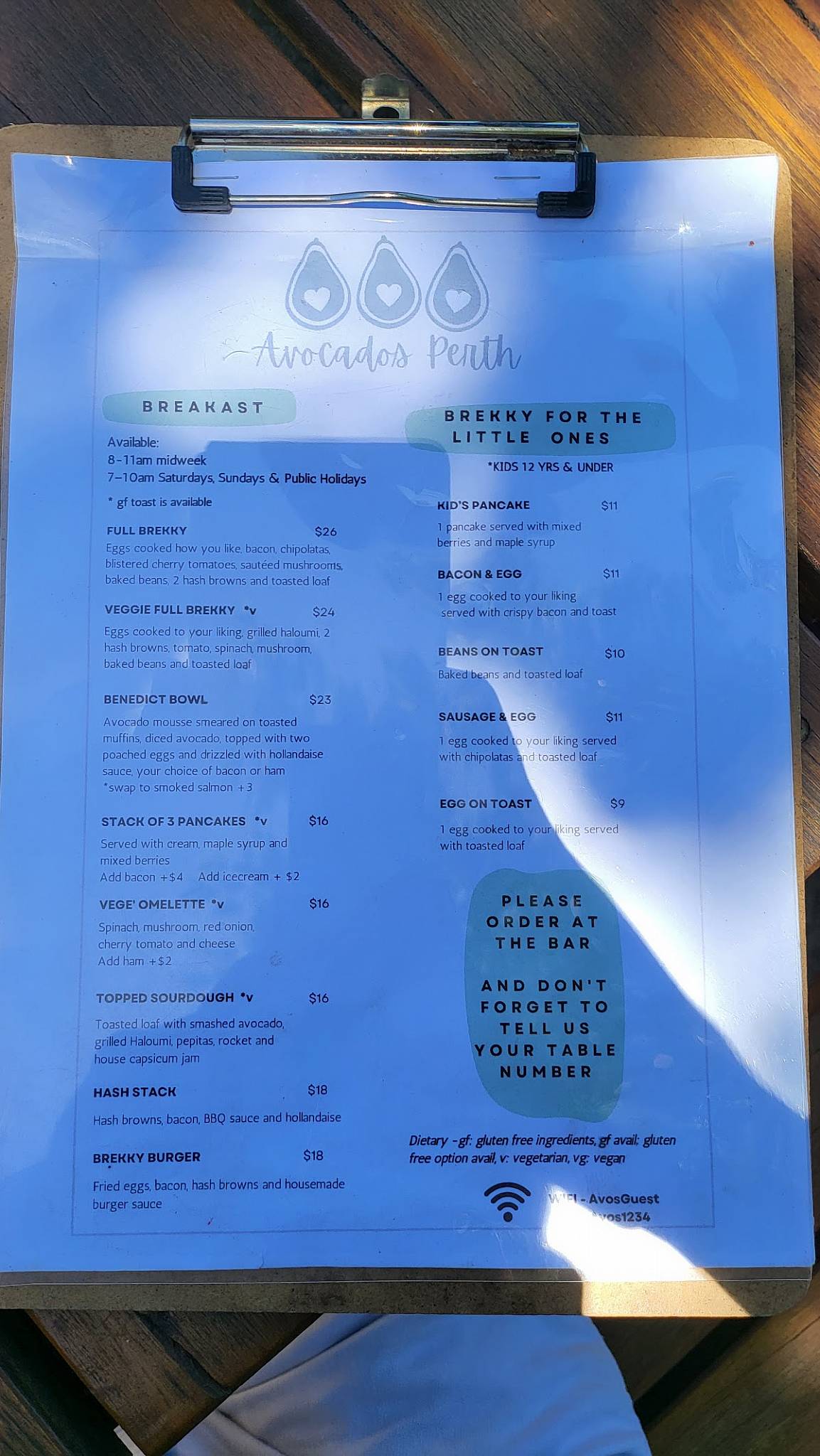 Menu at Avocados Bar & Café, Kelmscott