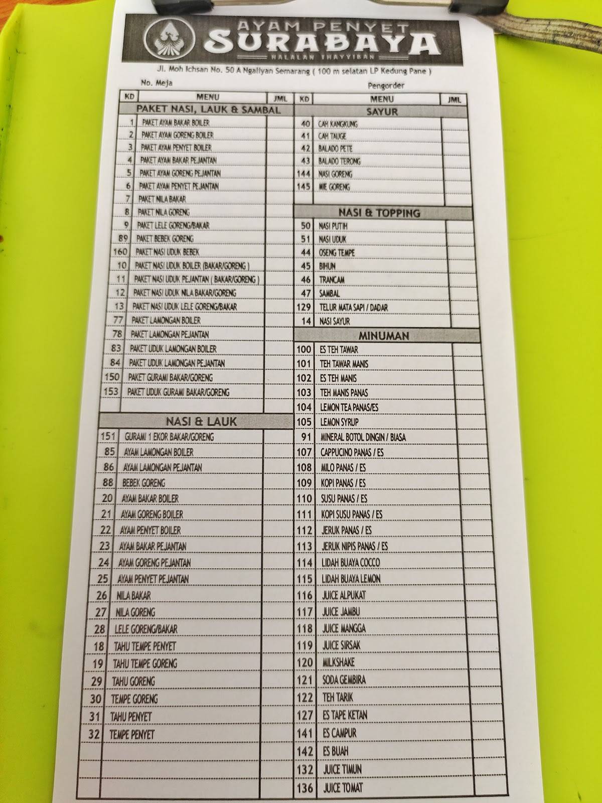 Menu at Ayam Penyet Surabaya Ngaliyan restaurant, Semarang, X8MQ+6F9
