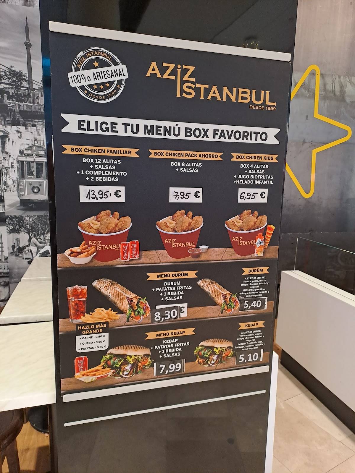 Carta del restaurante Aziz Istanbul Kebab, Madrid, C. del Arrastaria