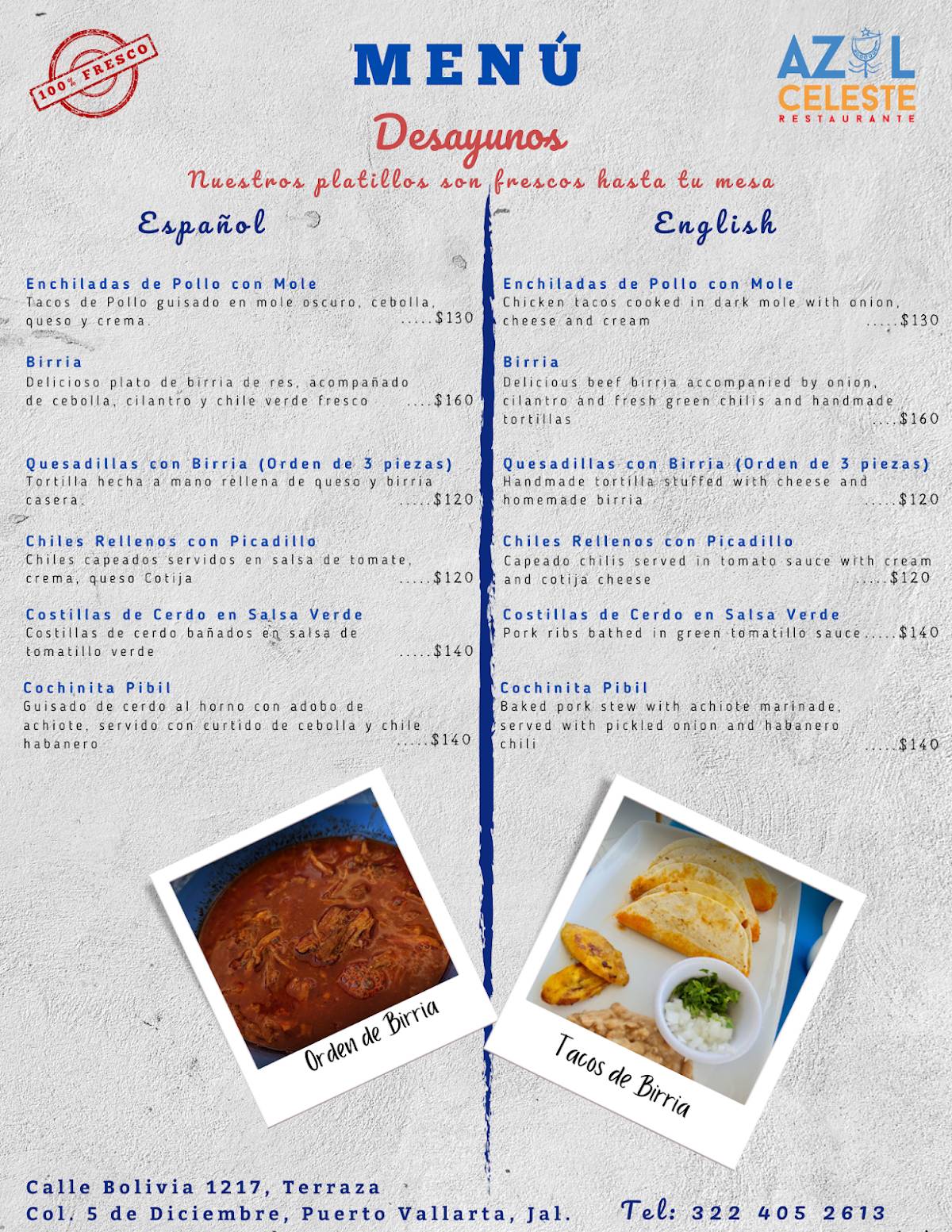 Menu at Azul Celeste Restaurant & Bar, Puerto Vallarta