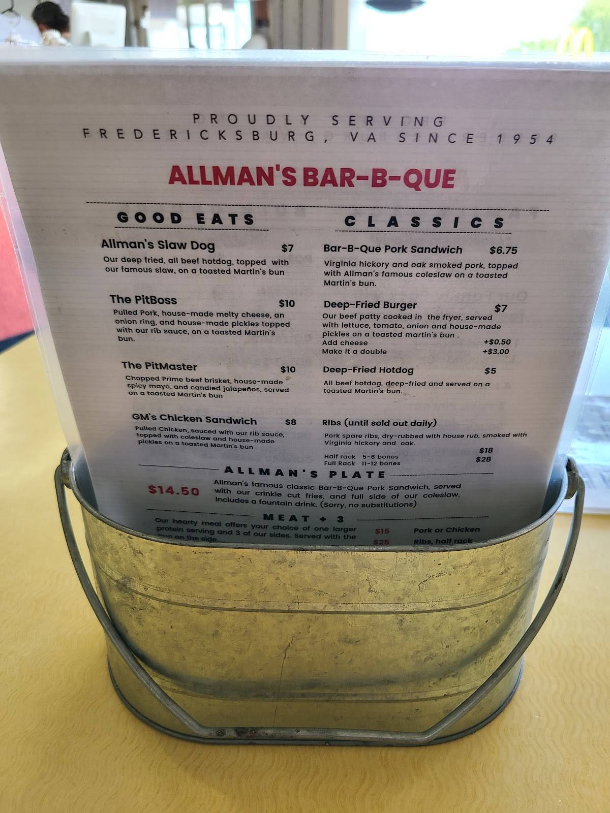 Menu at Allman's Bar-B-Que, Fredericksburg, Emancipation Hwy