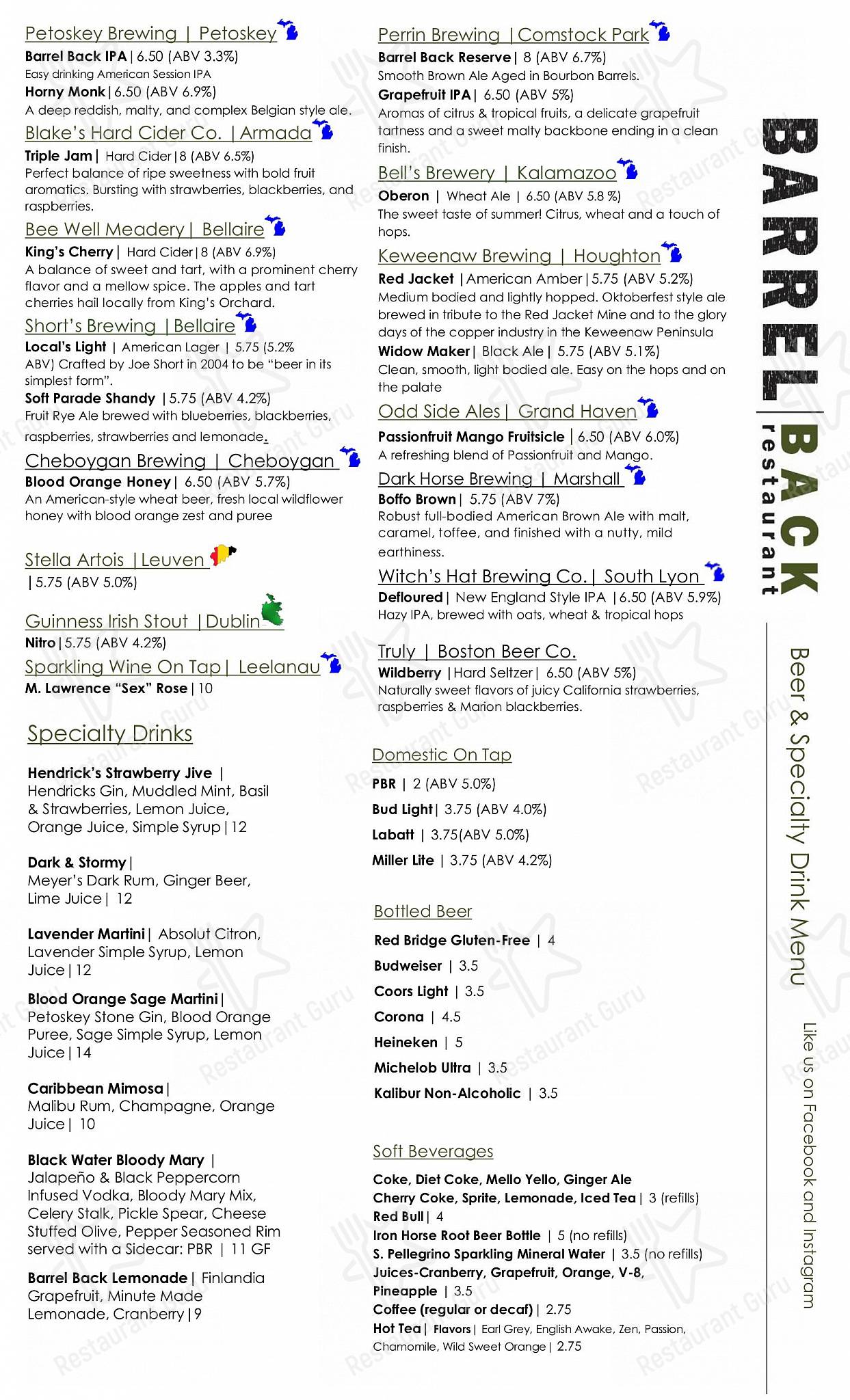 Menu at Barrel Back Restaurant, Walloon Lake
