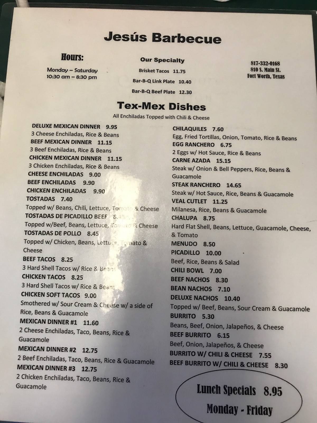 Menu at Jesus BBQ, Fort Worth